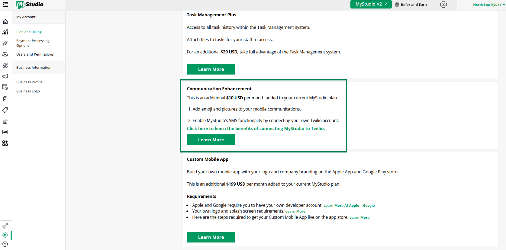 Twilio Step 1: Buy MyStudio’s communication add-on