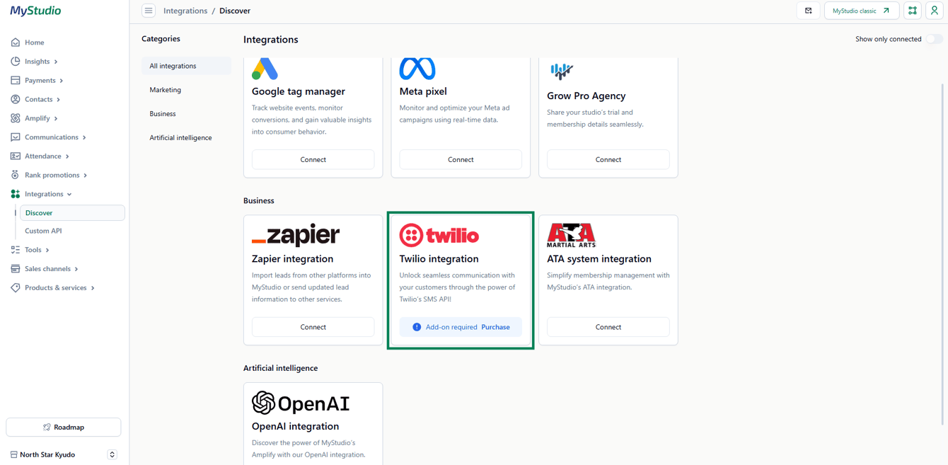 Twilio Step 1: Buy MyStudio’s communication add-on