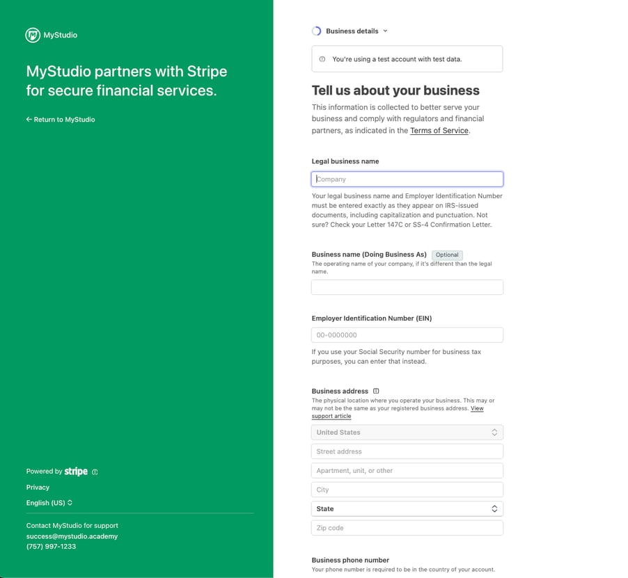 MyStudio Stripe account setup