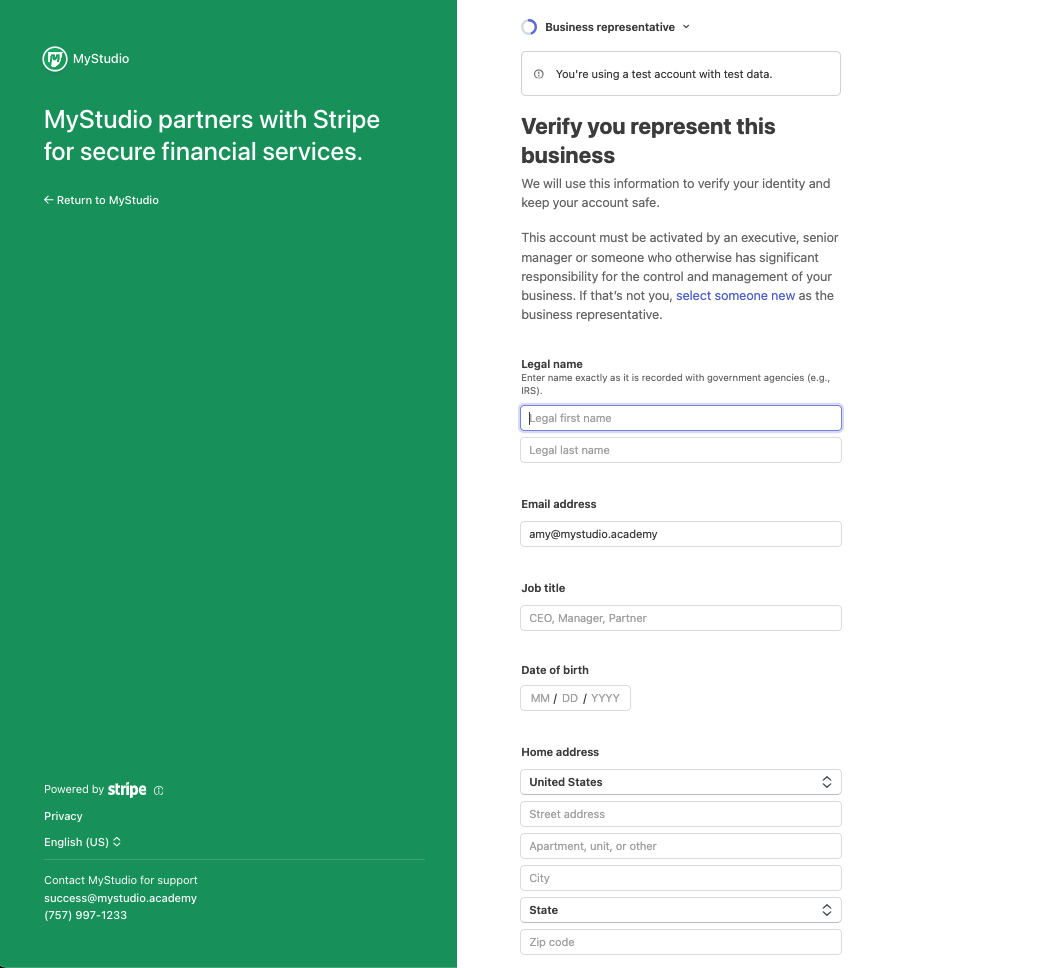 MyStudio Stripe account setup